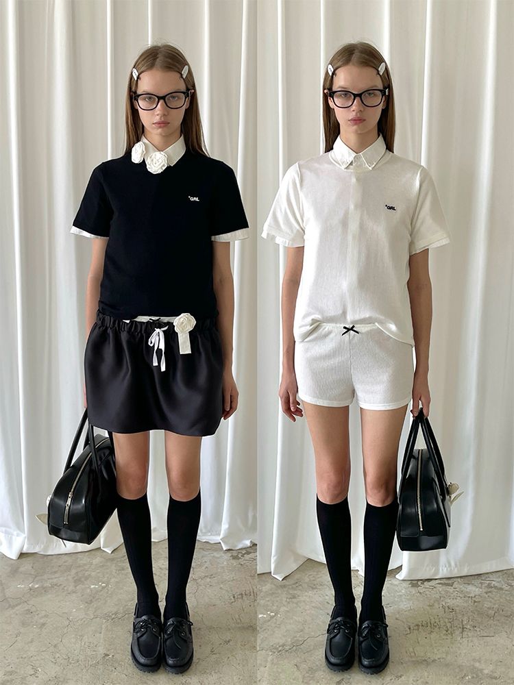 PFF GIRL Black and White Logo Embroidered Knit Round T-shirt : 유스키트 ...