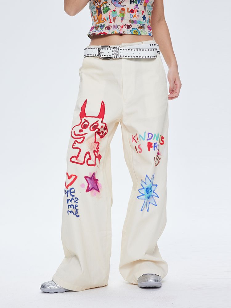 MOF Beige Little Devil Printed Casual Pants Drag Pants Straight High ...