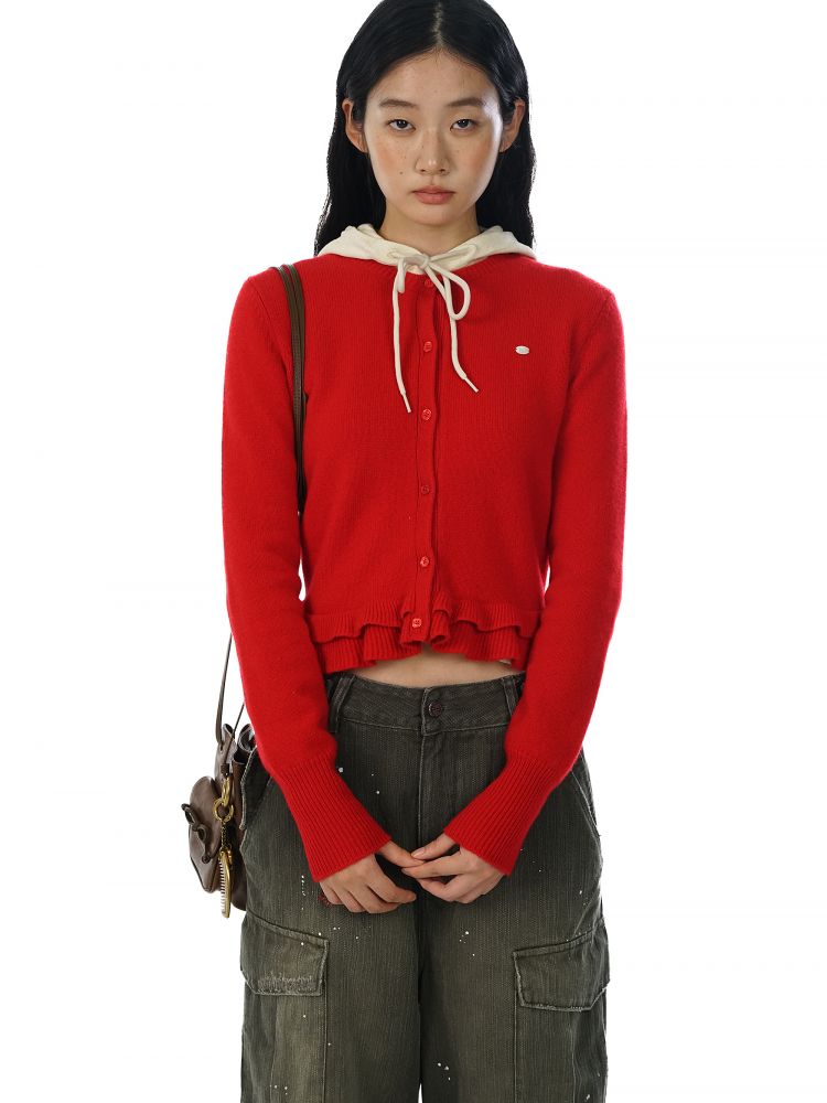 Moromoro Pure wool hem double wave lace slim long sleeve knitwear top ...