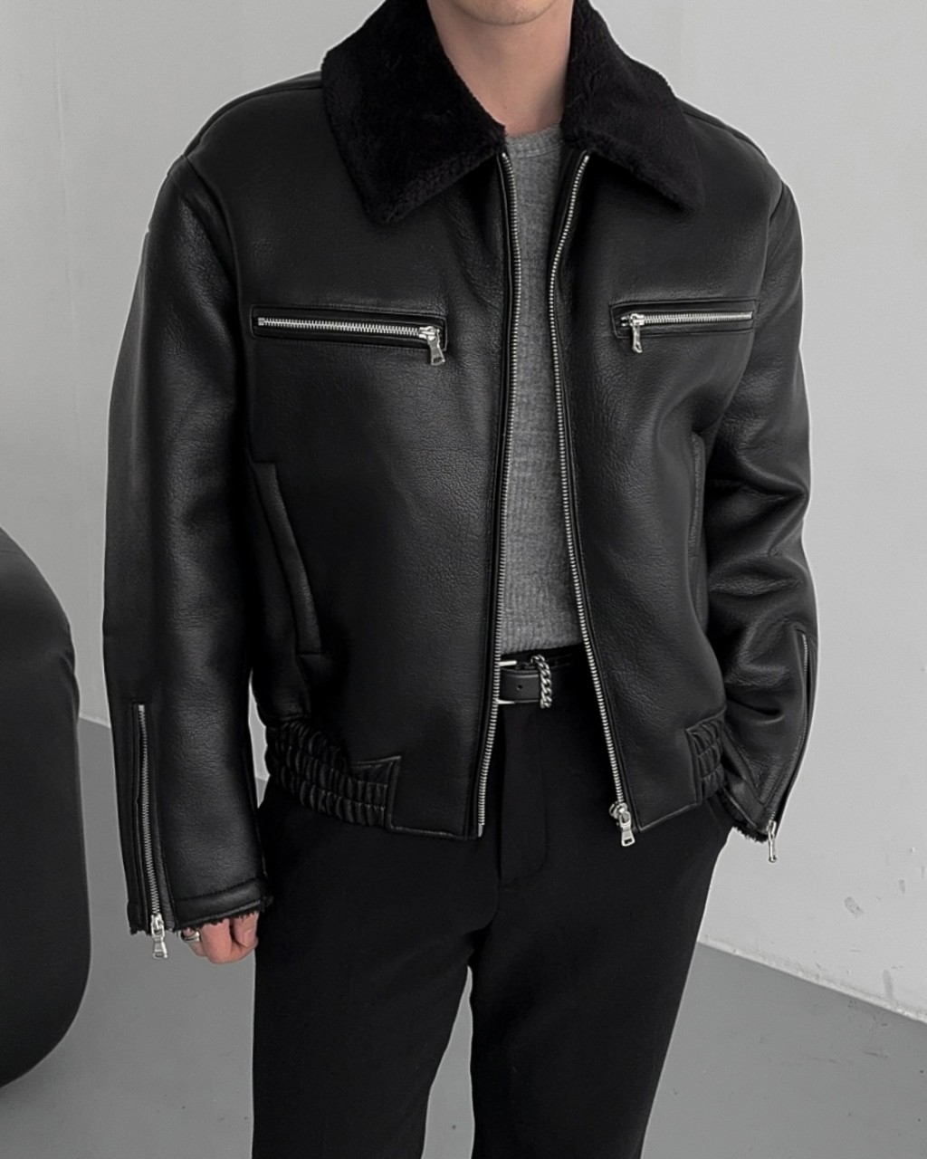 [PREMIUM] 스페이스 바이커 무스탕 레더 점퍼 2COL : 이치반