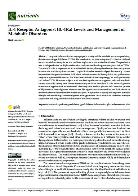 The Role and Clinical Utility of IL-1RA in Managing Metabolic Disorders : 노바스템 - 줄기세포와 관련된 논문
