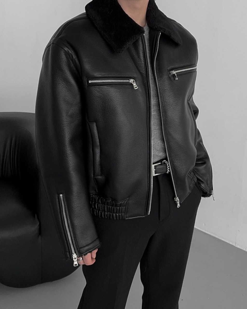 [PREMIUM] 스페이스 바이커 무스탕 레더 점퍼 2COL : 이치반