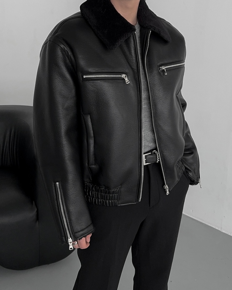 *블랙 M 당일출고* [PREMIUM] 스페이스 바이커 무스탕 레더 점퍼 2COL : 이치반