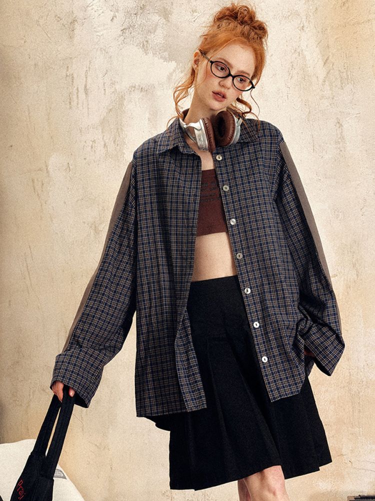 plaid stitching long-sleeved shirt : 라벨트리
