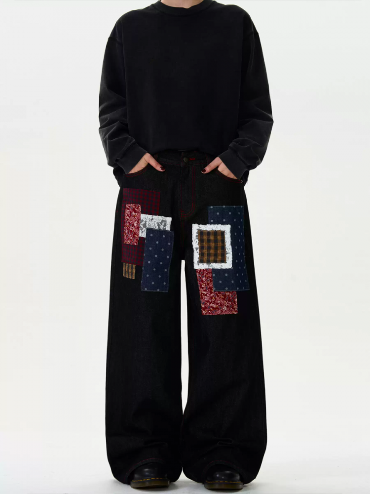 무드킷 Patchwork loose casual straight wide-leg pants