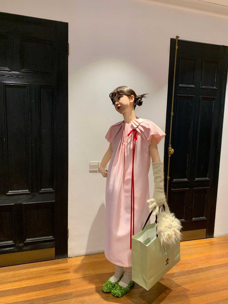 LRIB gift three-dimensional pleated red ribbon satin gloss dress : 유스키트 ...