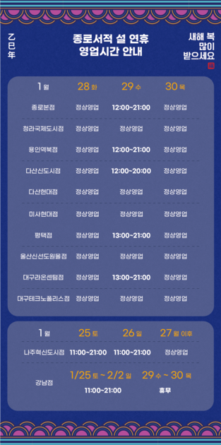 2025 설 영업시간 공지사항 종로서적