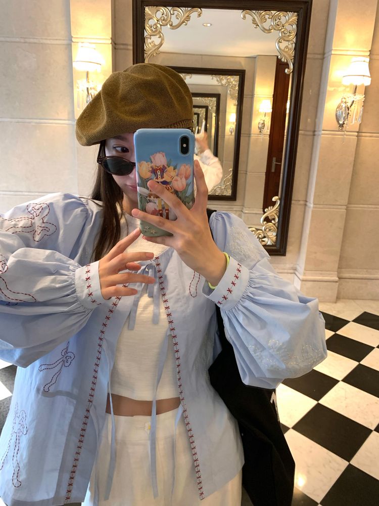 DODO French semi-ripe bow tie embroidered shirt cardigan : 프티베 petitbe