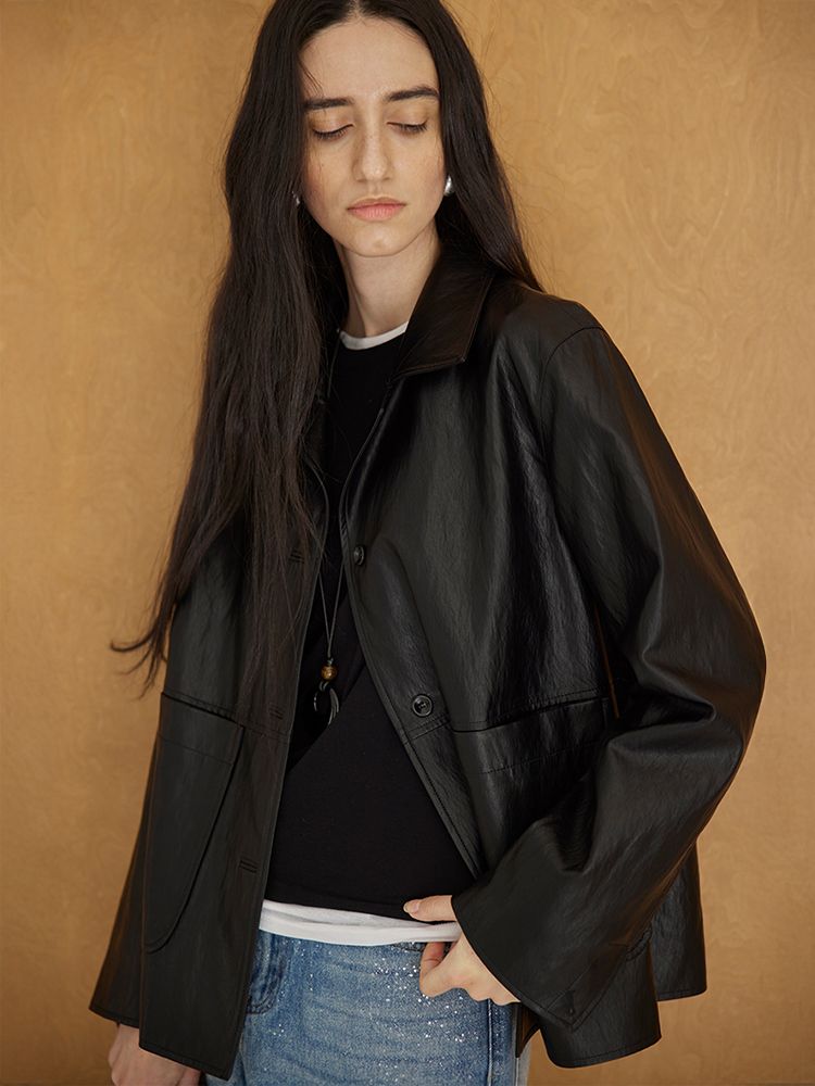 Black Fake Creased Leather Jacket : 소냐도르(soñador)