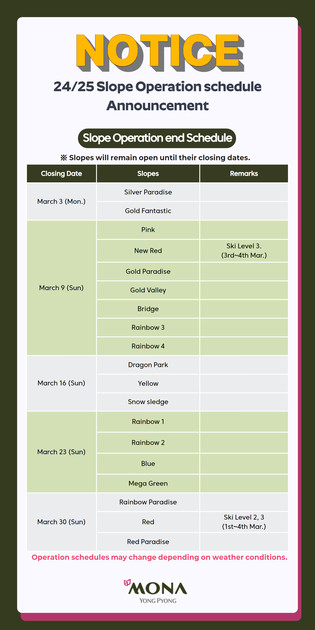 📢24/25 Season Slope operation Closing schedule Announcement : MONA ...