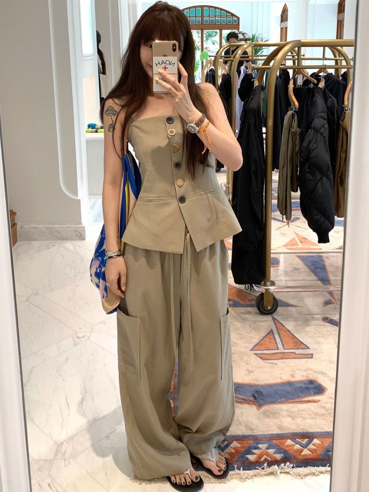 VC Different color buckle cobblestone linen suit : 유스키트 YOUTHKIT