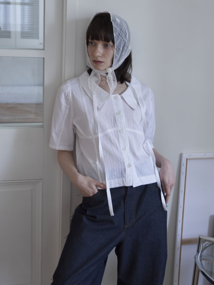 Puff sleeve Diamond Stripe texture Blouse_WHITE : MIzyu │ 미즈유
