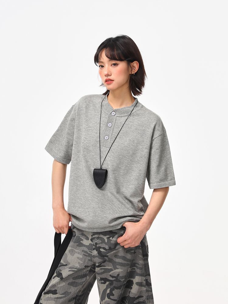 retro Henry collar short sleeves T-shirt : 라벨트리