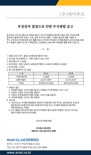 무상감자 결정으로 인한 주식병합 공고 : 에이루트 AROOT