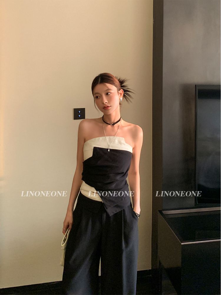 LIN sister high-intelligence contrast color tube top wide-leg pants set ...