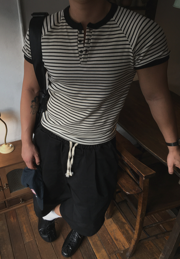 Stripe Henley Neck Ringer Short Sleeve (3 Colors) : CRUV 크루브