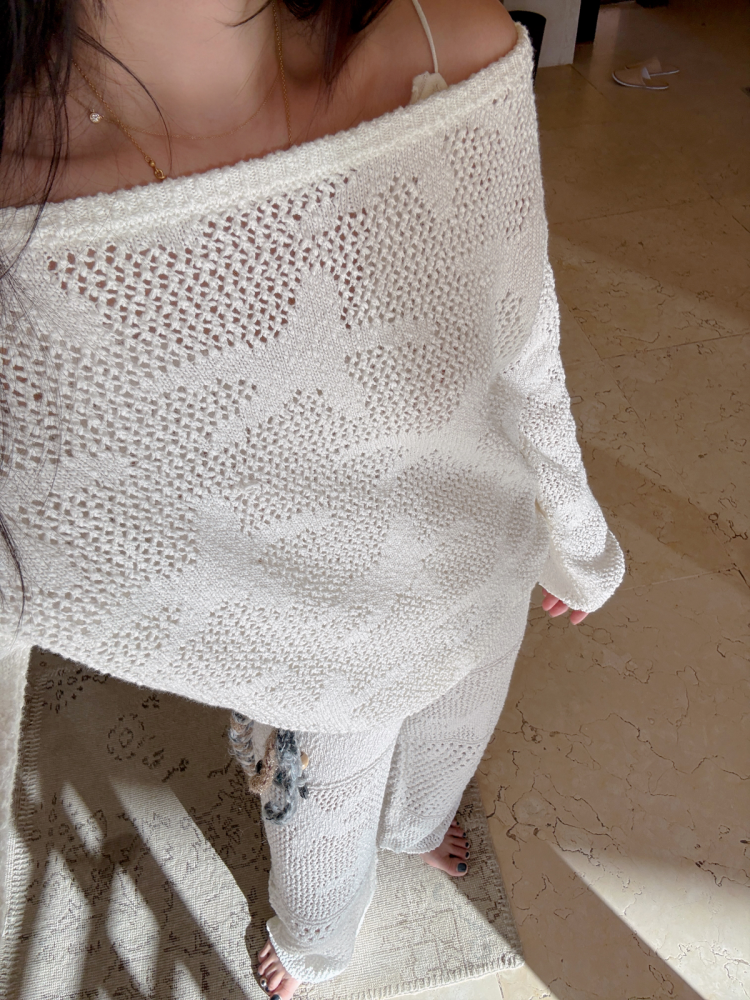 TZCO Bubble Starfish Knit Cotton Yarn One-Neck Jacquard Sweater : 오에디 oedi