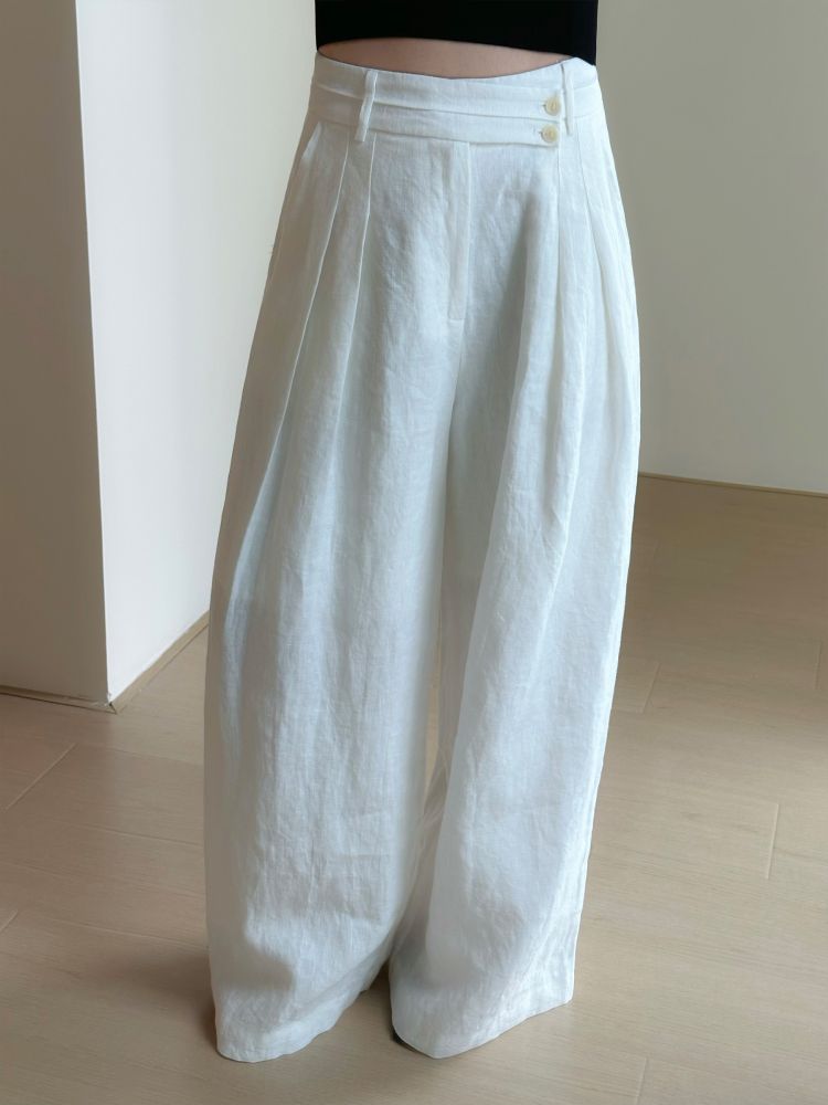 WANGER Slant Buckle High Waist Lightweight Linen Pants : 소냐도르(soñador)