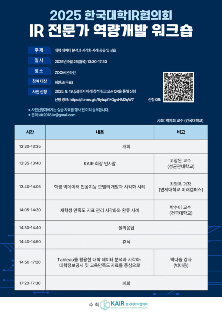 2025 KAIR IR 전문가 역량개발 워크숍 참가 안내(~9/25) : 한국대학IR협의회