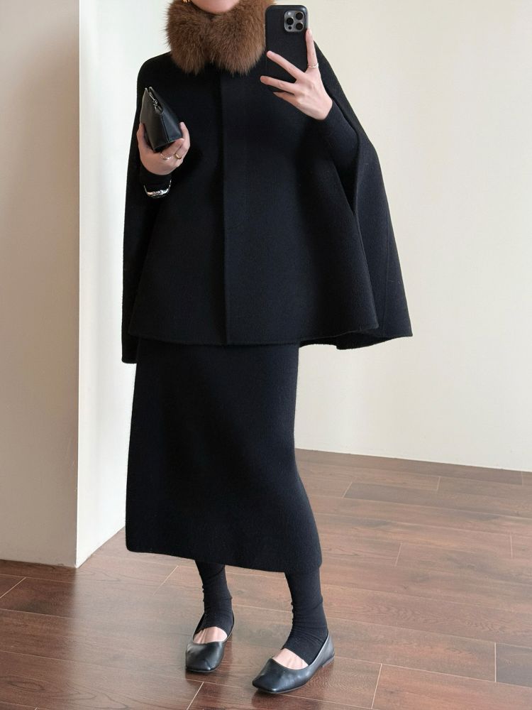 Fur-Collar Wool Cape & Skirt Set ( Cape with Fur Collar & Skirt : Sold ...