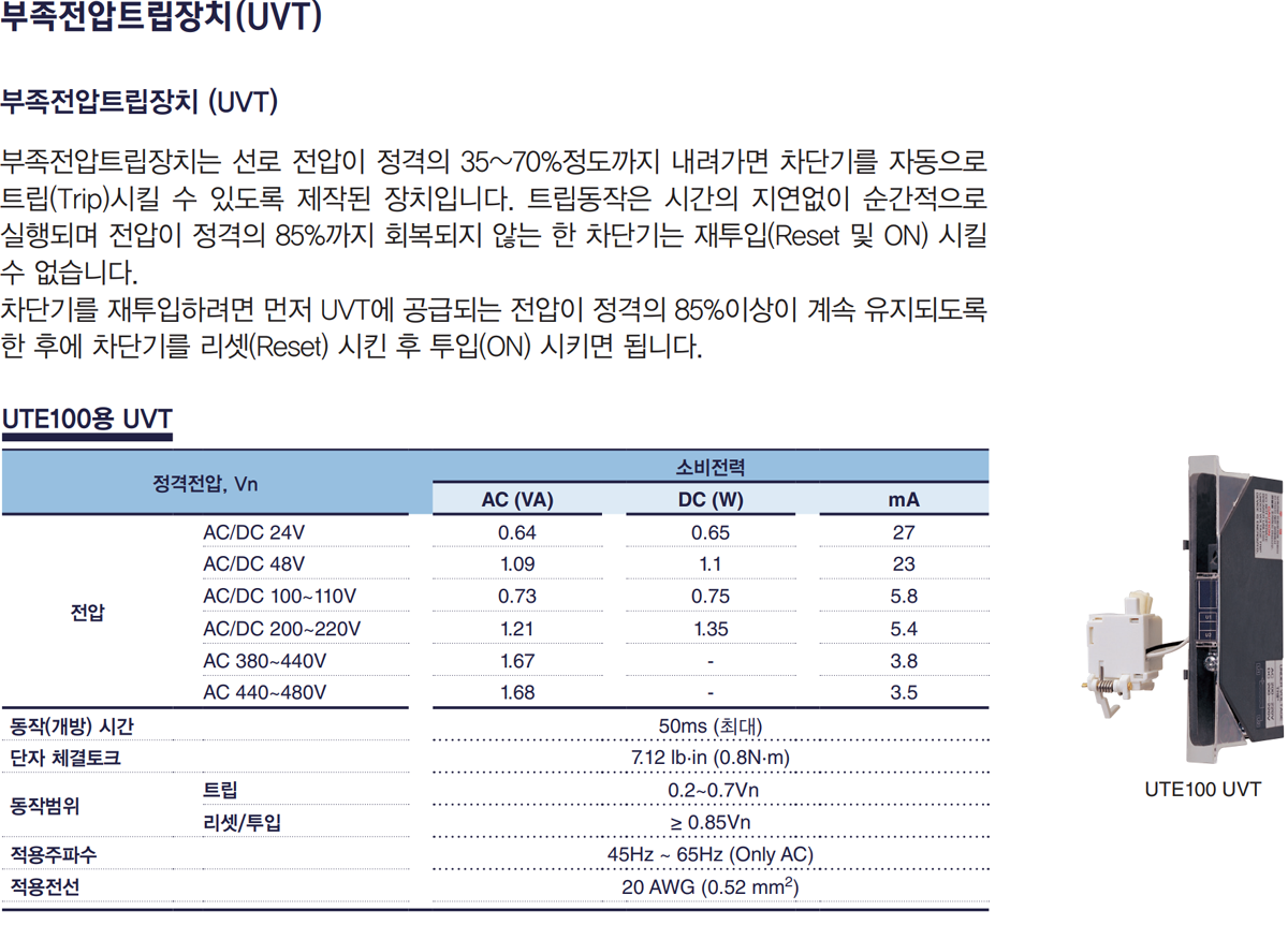 UVT, UTE100 UVT, 부족전압트립장치, TBT Type, 단자대 타입, UTE100 UNTER VOLTAGE TRIP ...
