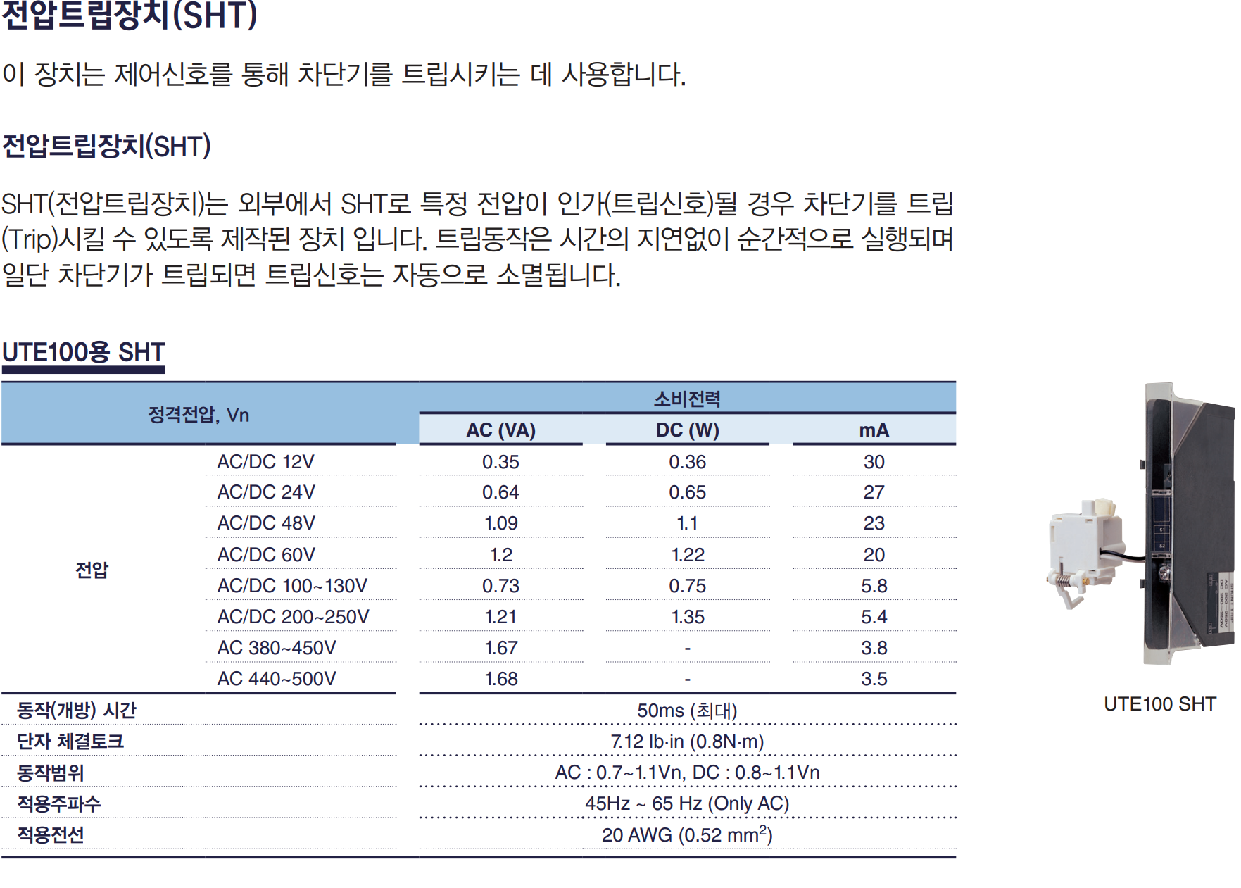 SHT, UTE100 SHT, 션트트립코일, TBT Type, 단자대 타입, UTE100 SHUNT, UL MCCB, UL 차단기, LS UL MCCB 복제 : 투에스케이
