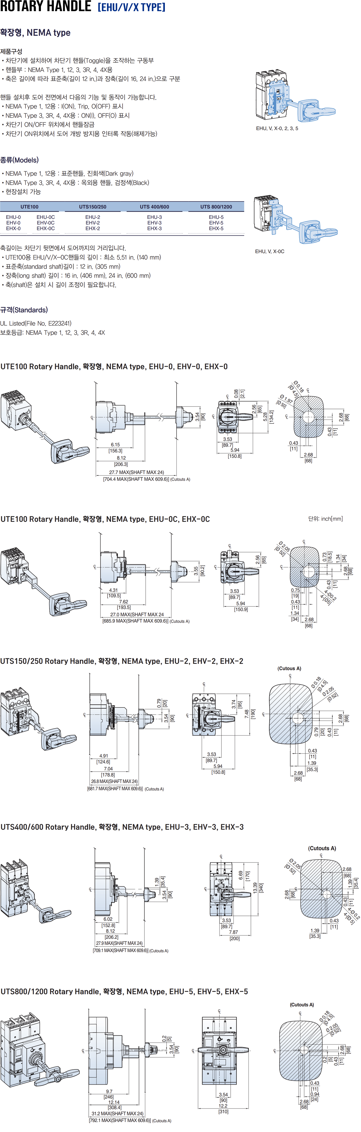 확장형 핸들, Handle, EHU2 for UTS150,UTS250, NEMA 1, NEMA 12, UL MCCB, UL 차단기, LS UL MCCB : 투에스케이
