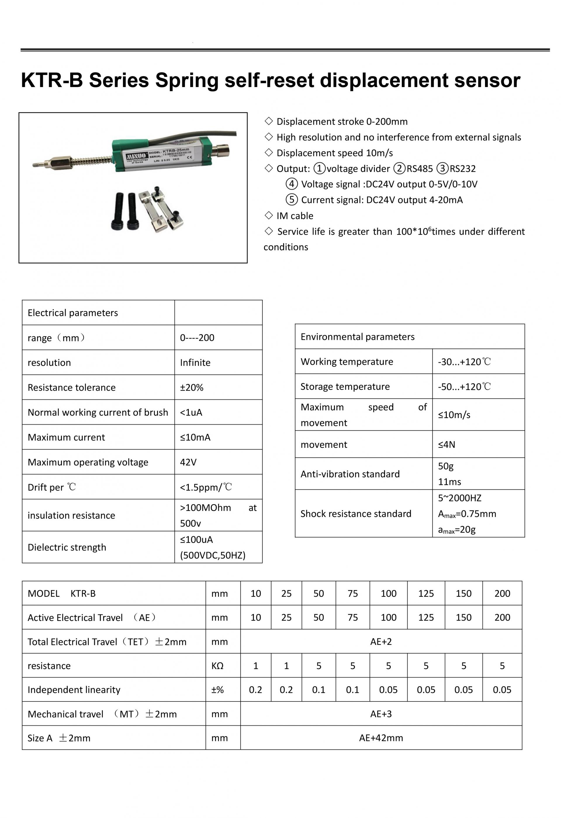 KTR-B(KTRB) self reset Displacement Linear potentiometer Standard Type 리니어 포텐쇼메타 Position Sensor ...