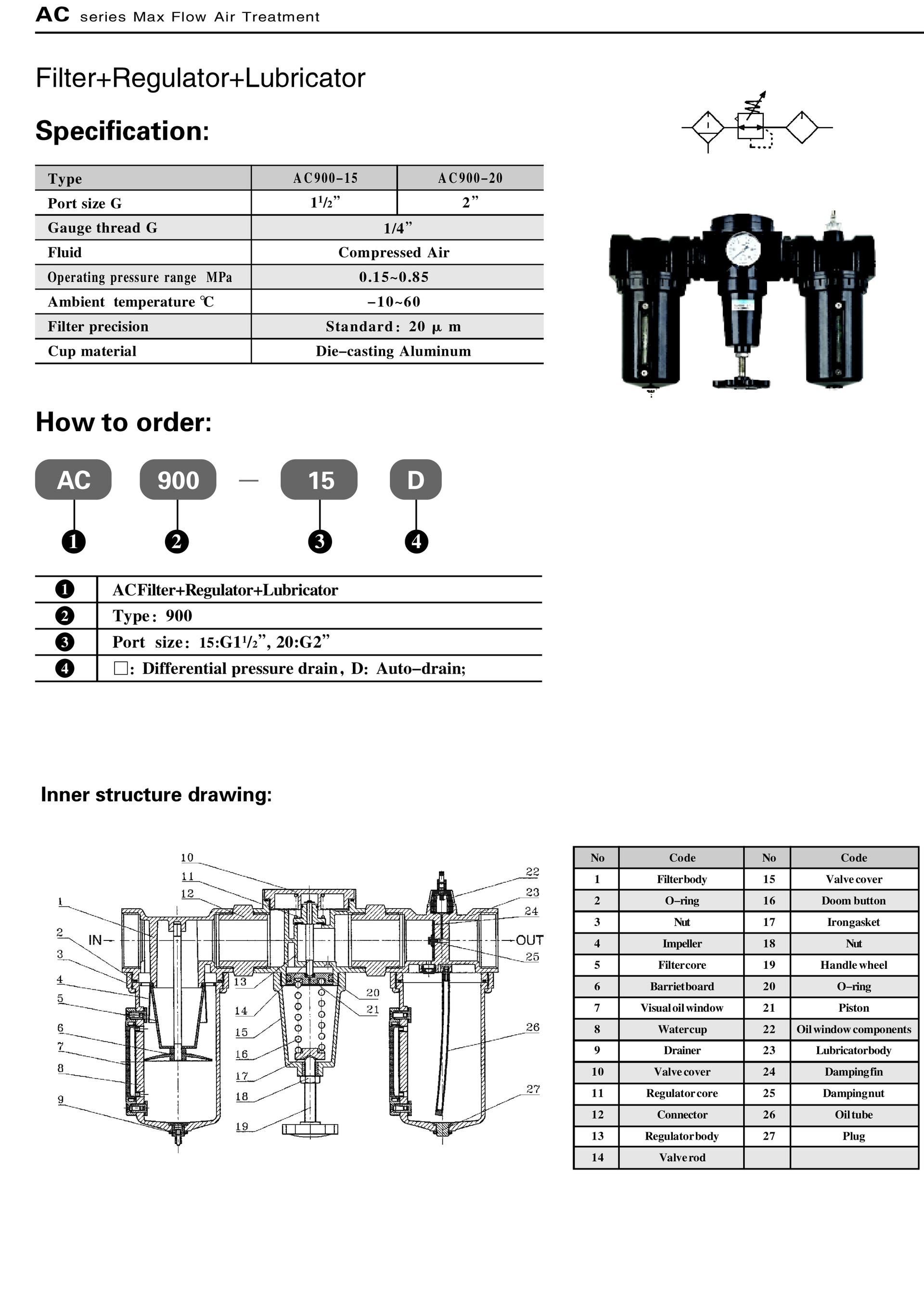 AC900-15 AC900-20 big port(F+R+L)units (3점SET)Filter+Regulator ...
