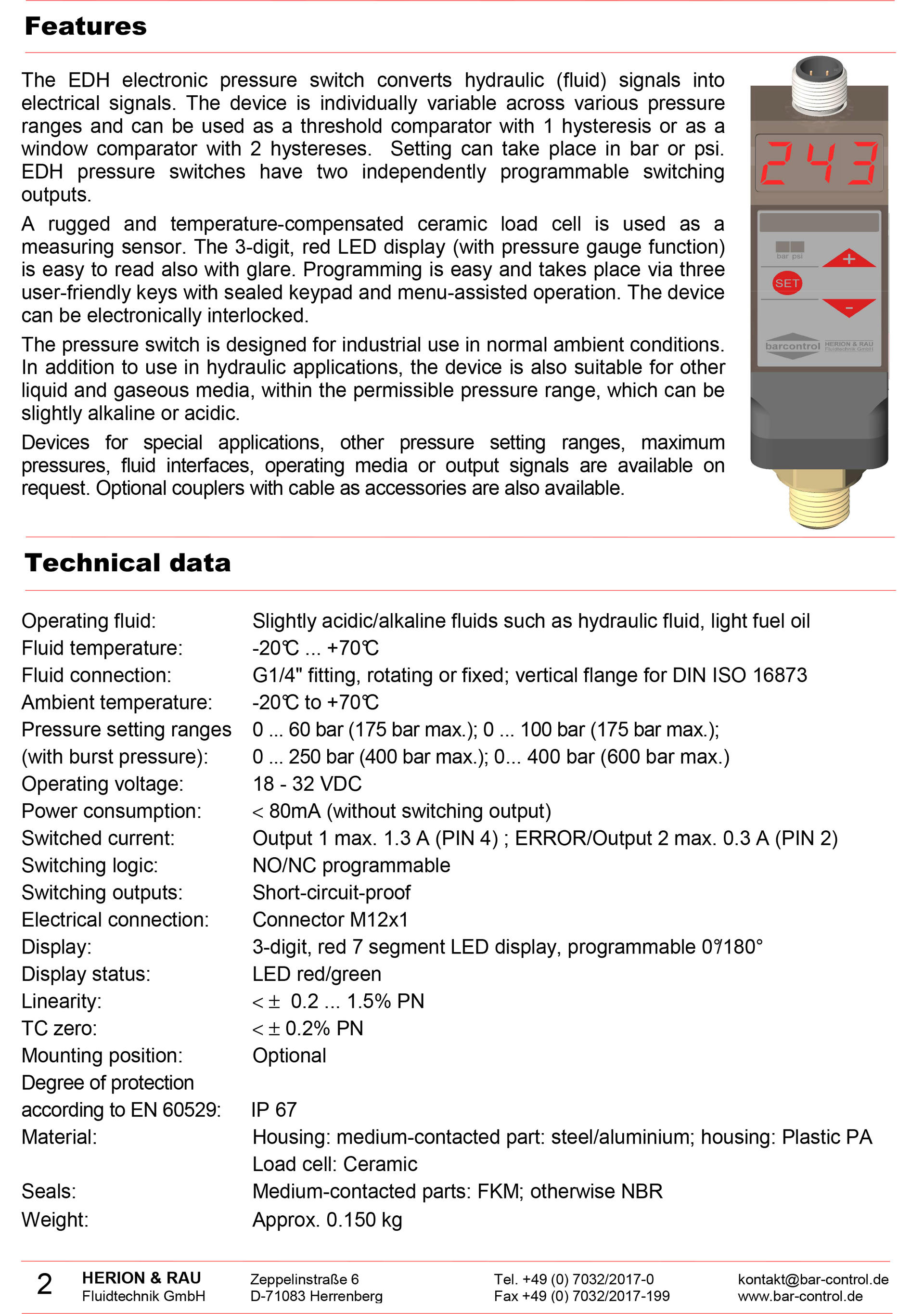 EDH EDH-2-100 EDH-2-250 EDH-2-400-C Bar Control Digital Pressure Switch ...