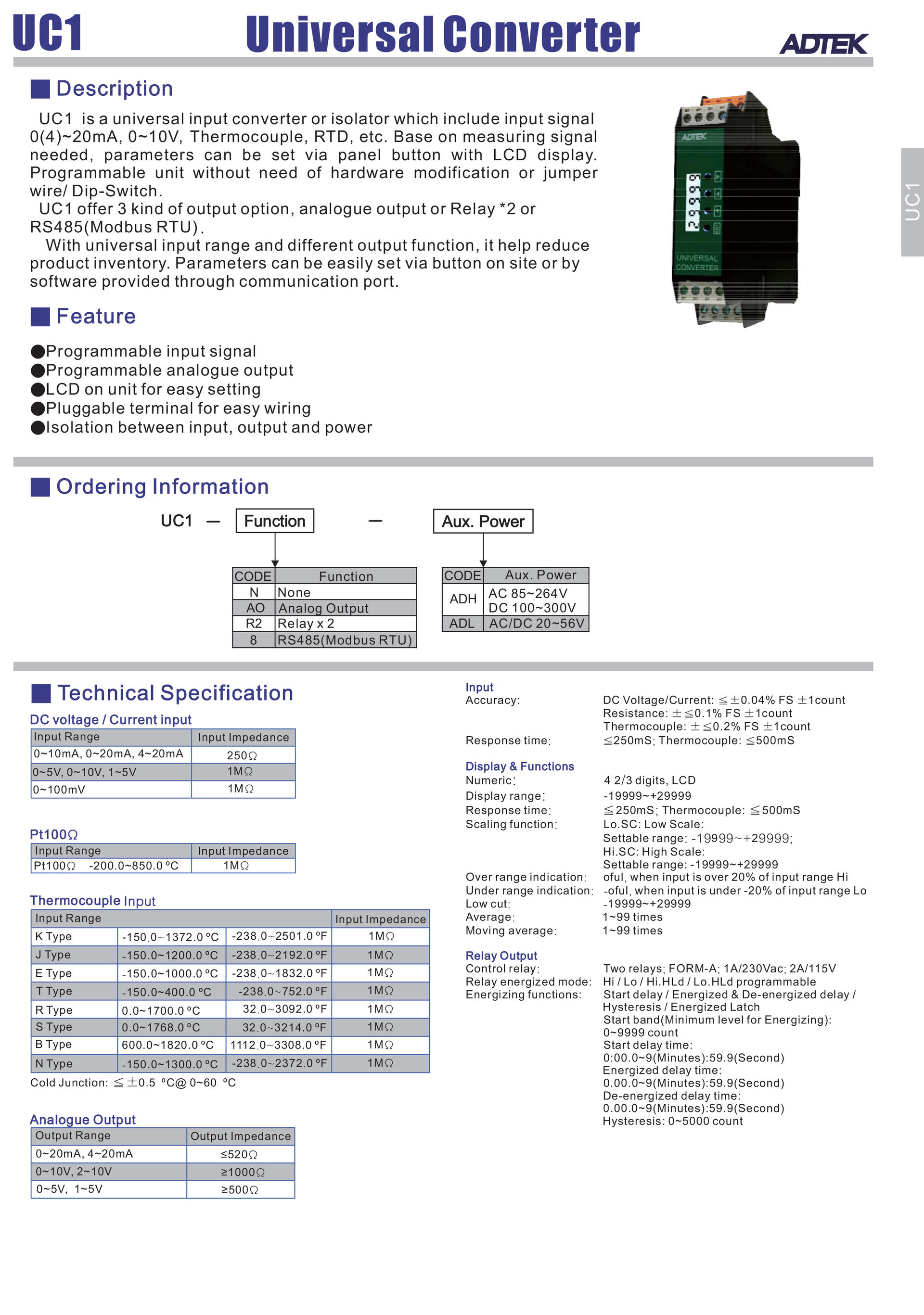 UC1 UC1-N UC1-AO UC1-R2 UC1-8-ADH (LCD)Universal Input Isolator ...