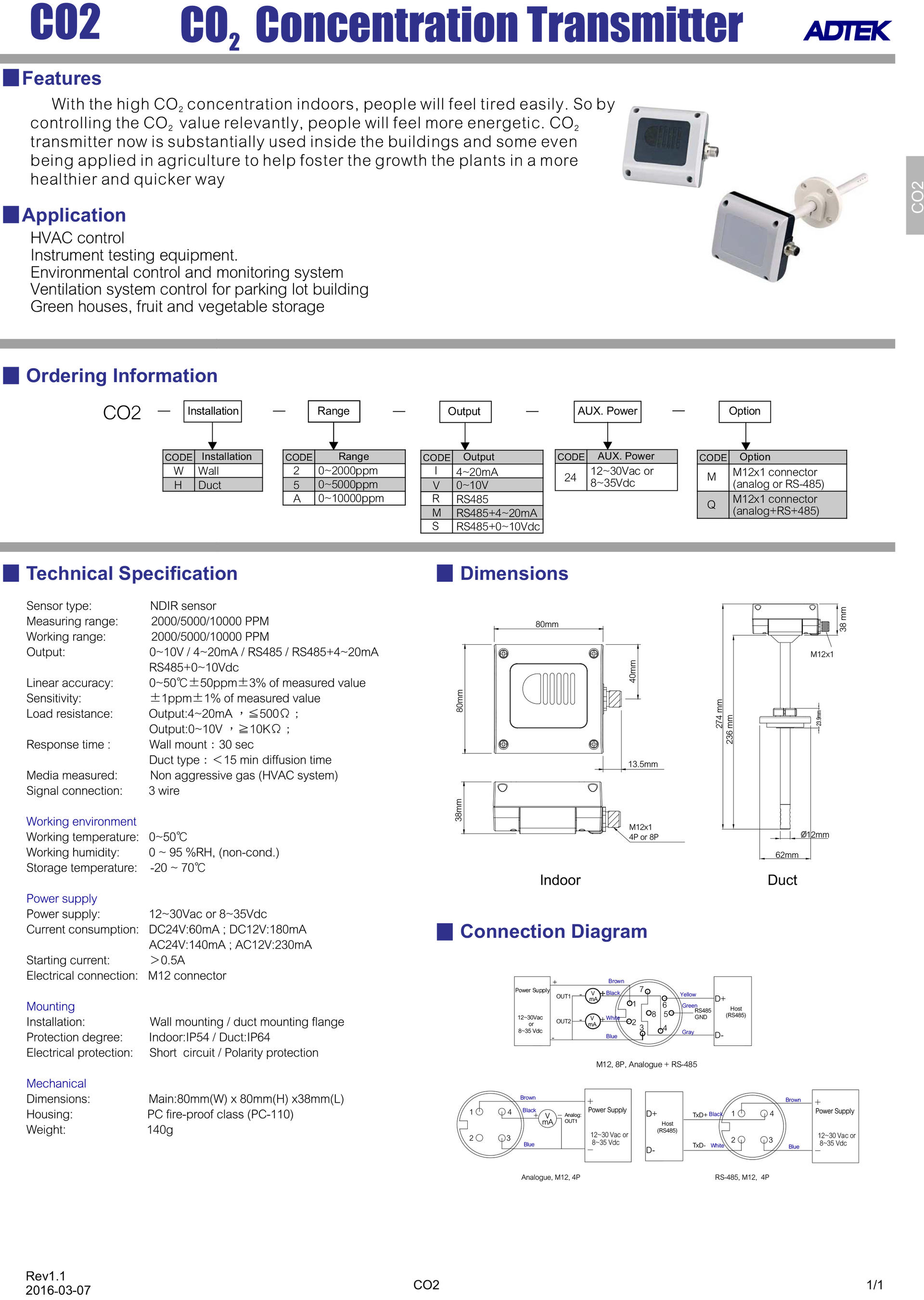 CO2 CO2-W CO2-H (wall Mount) carbon dioxide Concentration transmitter ...