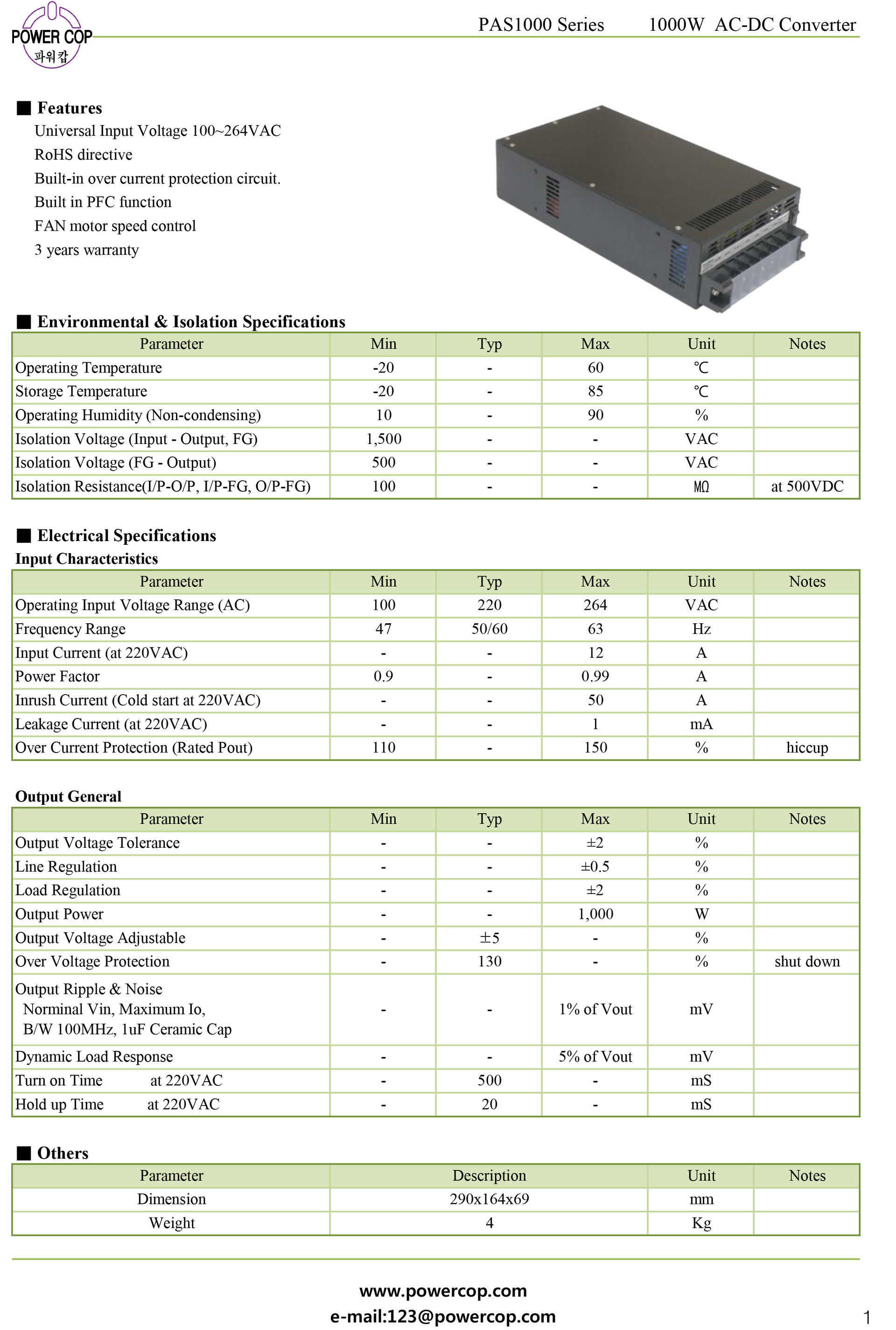 PAS1000 AC-DC Converter AC-DC 컨버터(파워스플라이) (12VDC/83A/996W) (15VDC/67A ...
