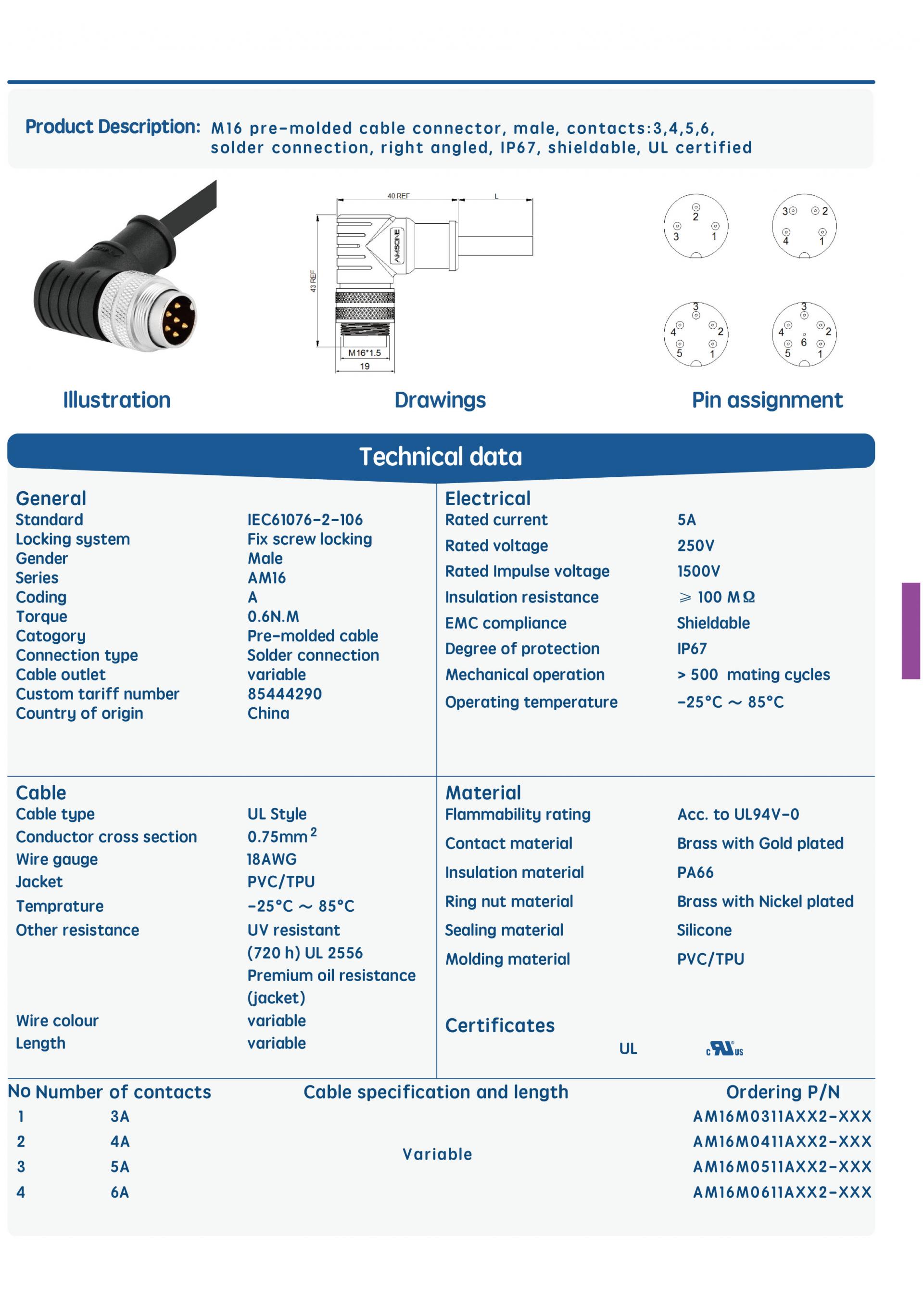AM16(M16) UL certified M16 pre-molded cable connector UL solder ...
