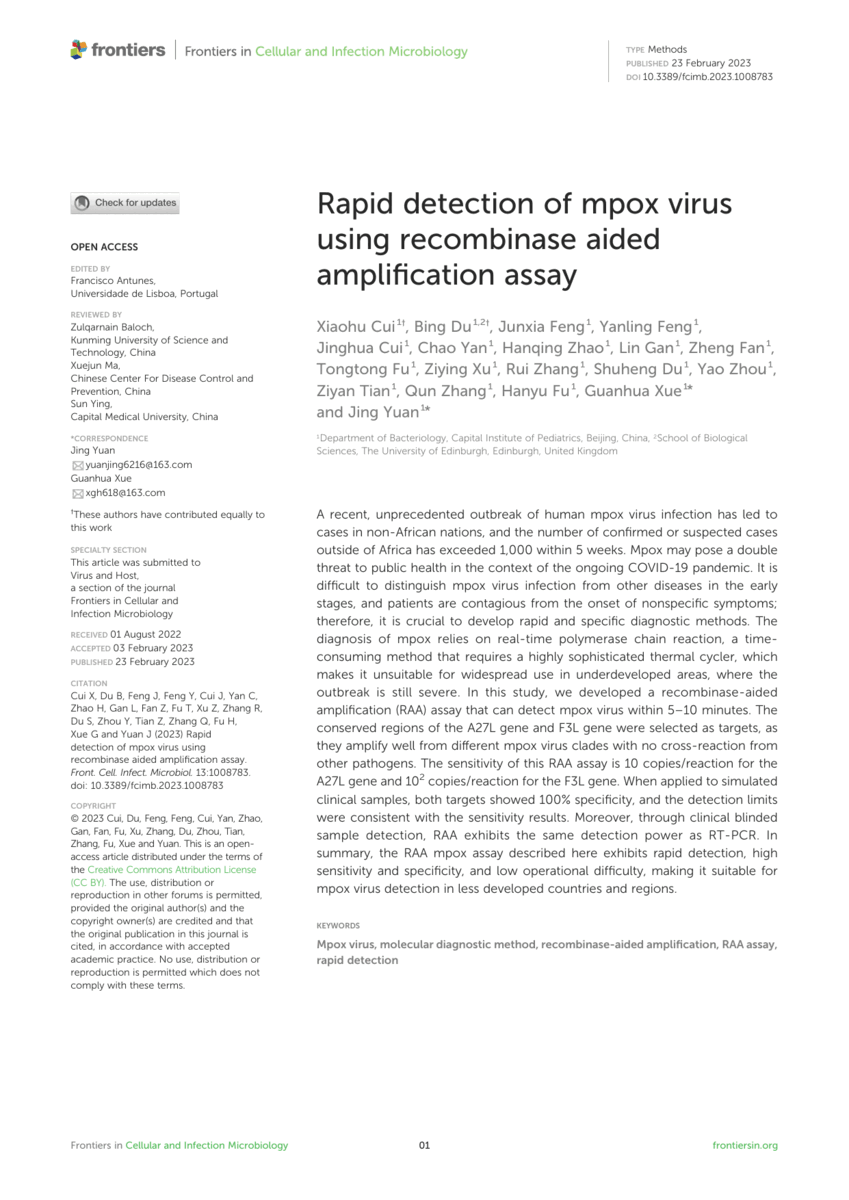 Rapid detection of mpox virus using recombinase aided amplification(RAA ...