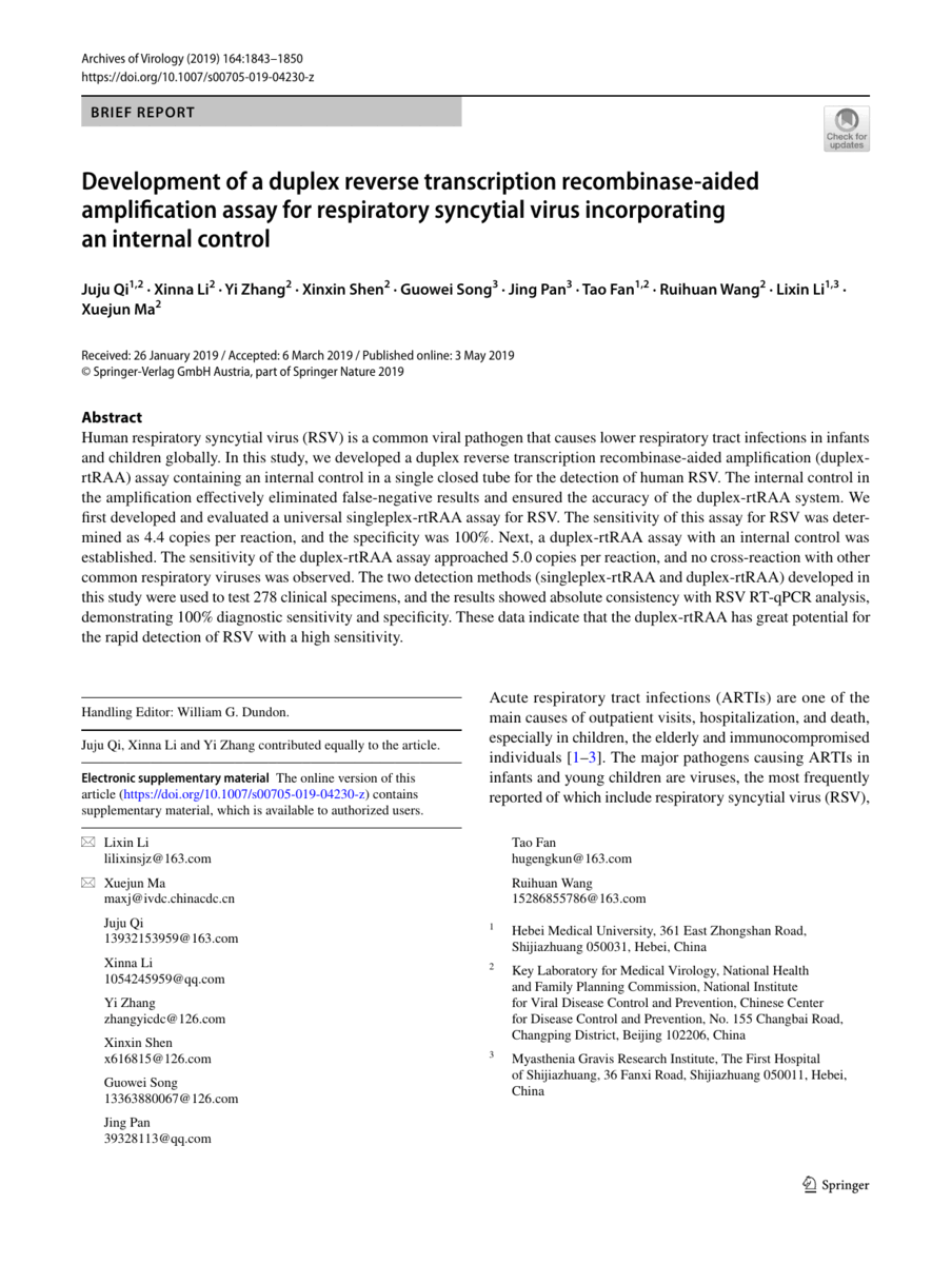 Development of a duplex RT-RAA assay for respiratory syncytial virus ...