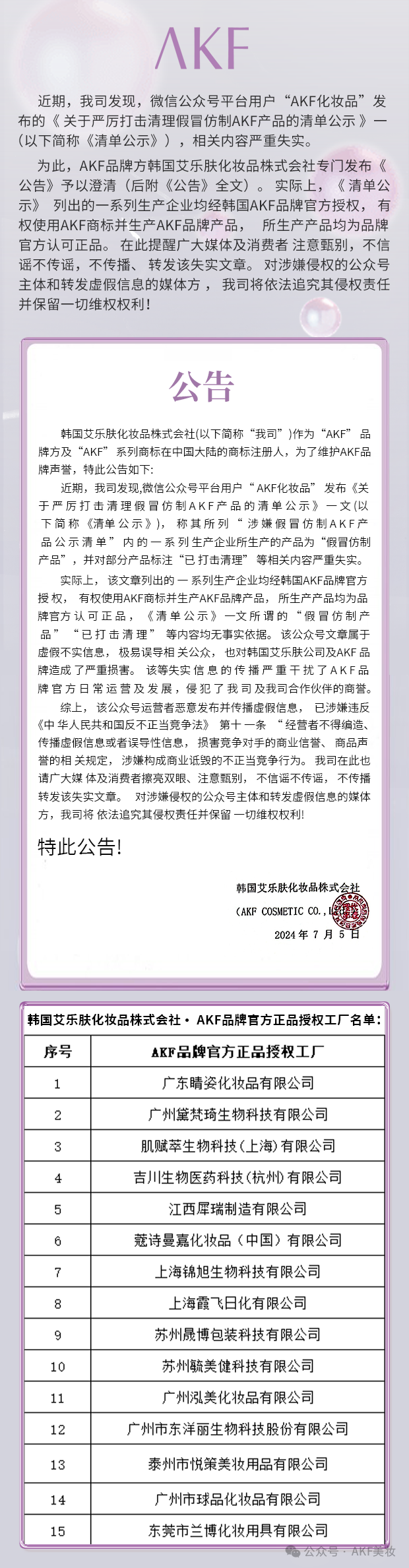 AKF 브랜드 공식 정품 라이선스 공장에 대한 공지 : AKF