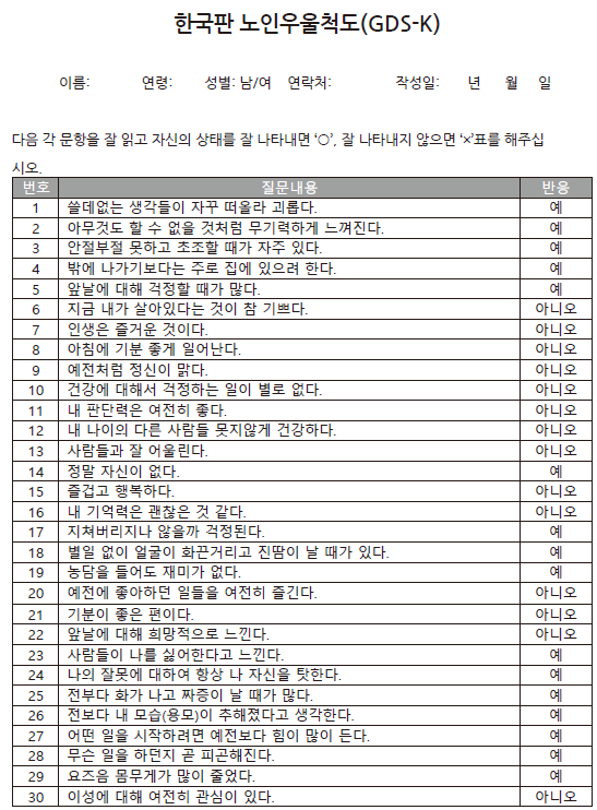 GDS(Geriatric Depression Scale)