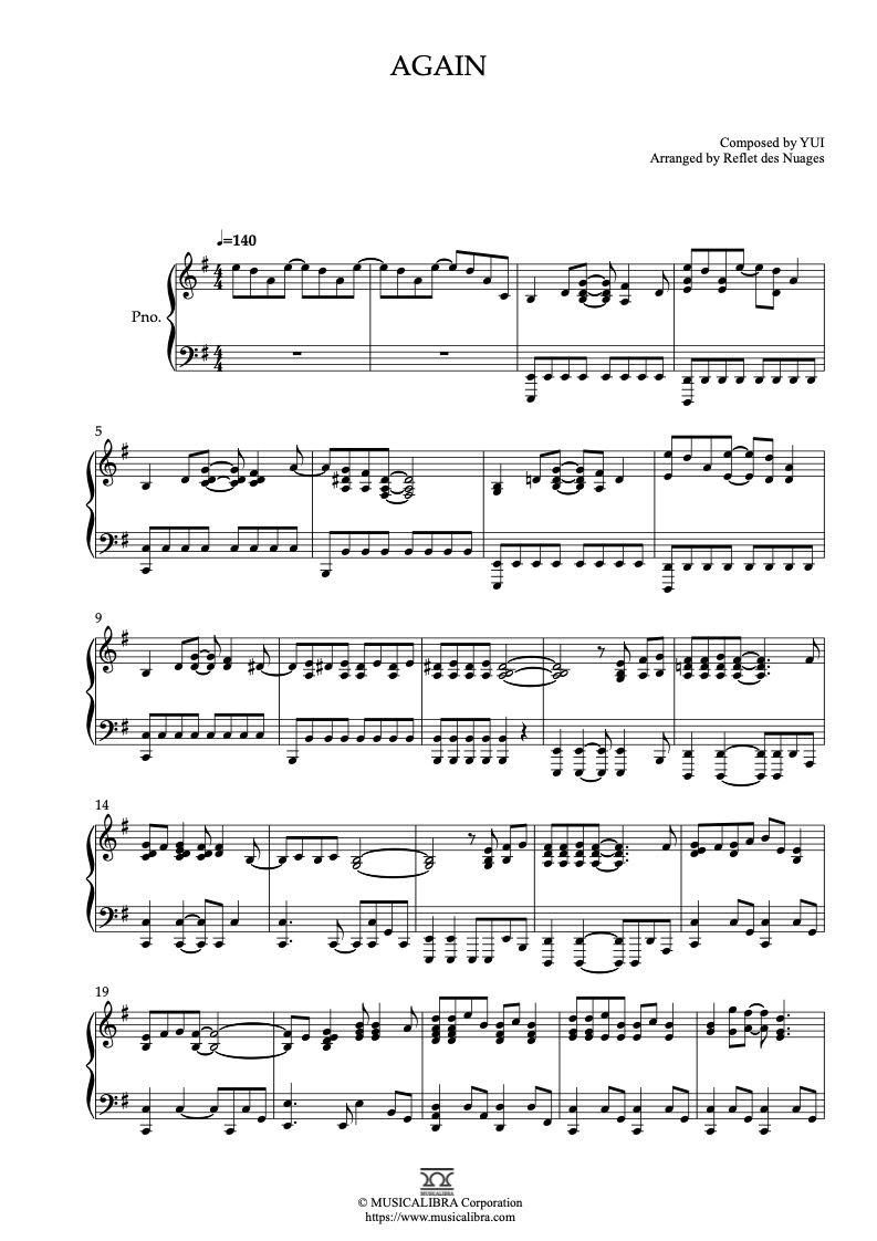 [PIANO SOLO SHEET MUSIC] Again(YUI) : MUSICALIBRA