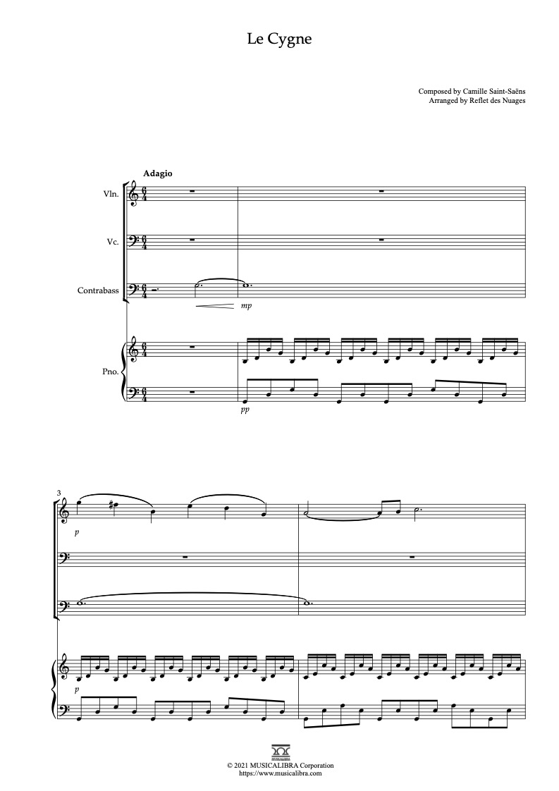 [QUARTET SHEET MUSIC] Le Cygne - Violin, Cello, Contrabass and Piano Chamber Ensemble Sheet ...
