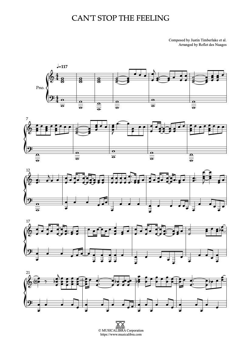 [PIANO SOLO 楽譜] Can't Stop the Feeling ピアノ 編曲 楽譜 : Musicalibra Japan