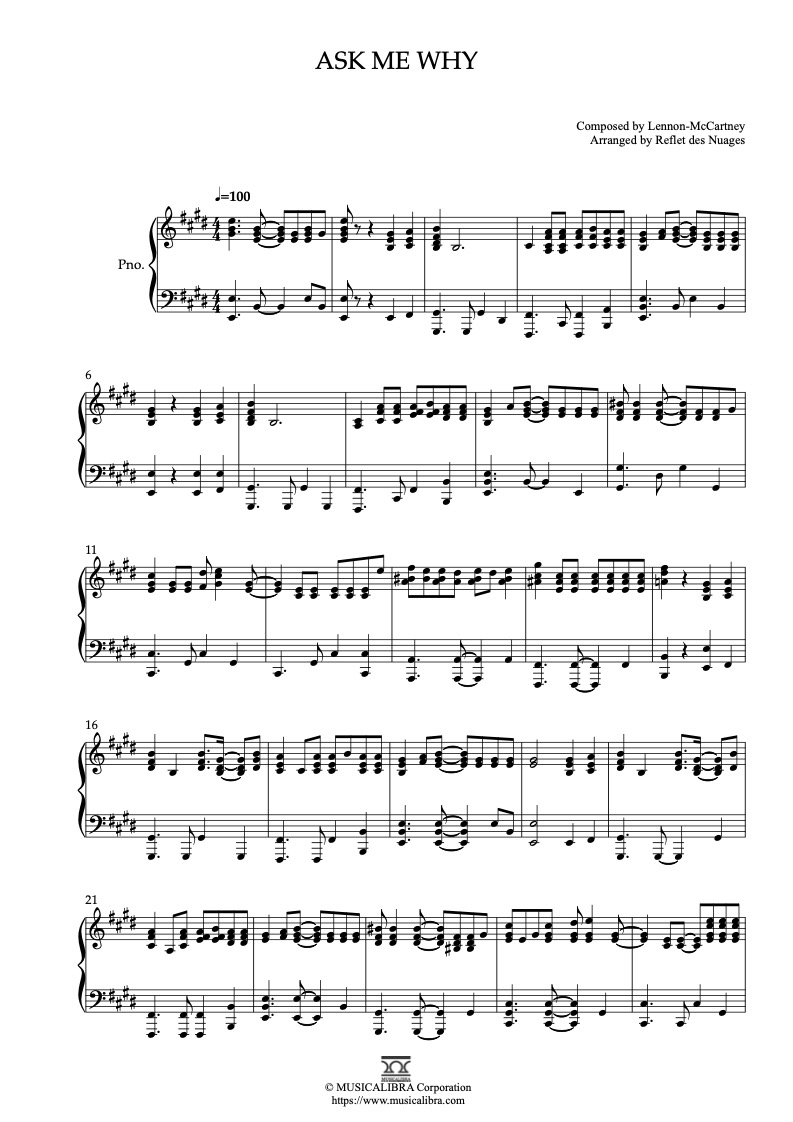 [PIANO SOLO 楽譜] Ask Me Why ピアノ 編曲 楽譜 : MUSICALIBRA JAPAN