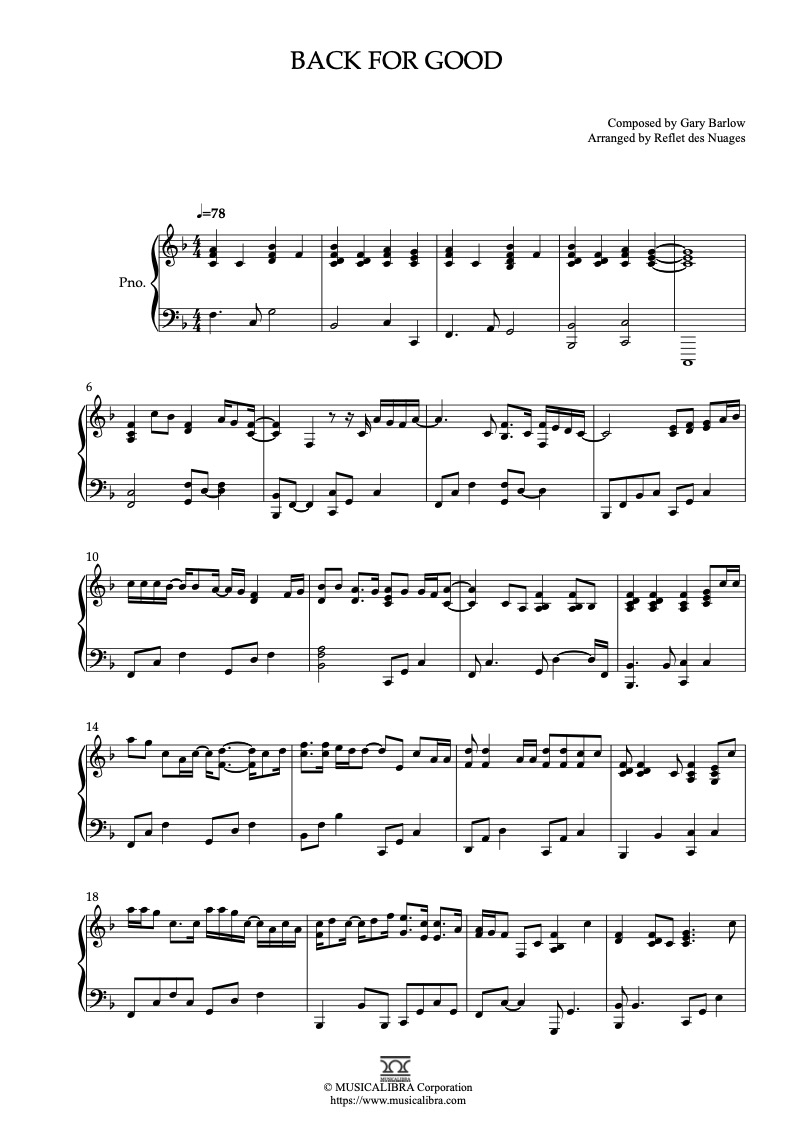 [PIANO SOLO SHEET MUSIC] Back for Good : MUSICALIBRA