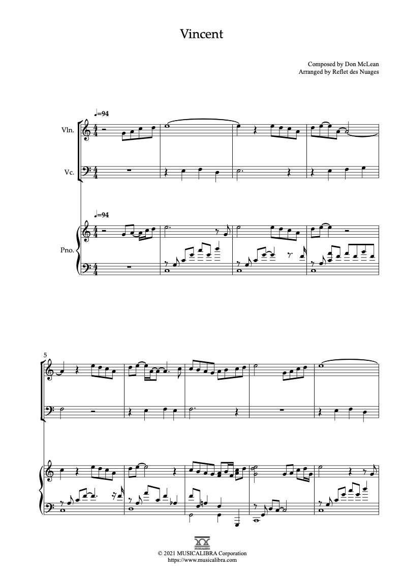 [TRIO SHEET MUSIC] Vincent - Violin, Cello and Piano Chamber Ensemble ...