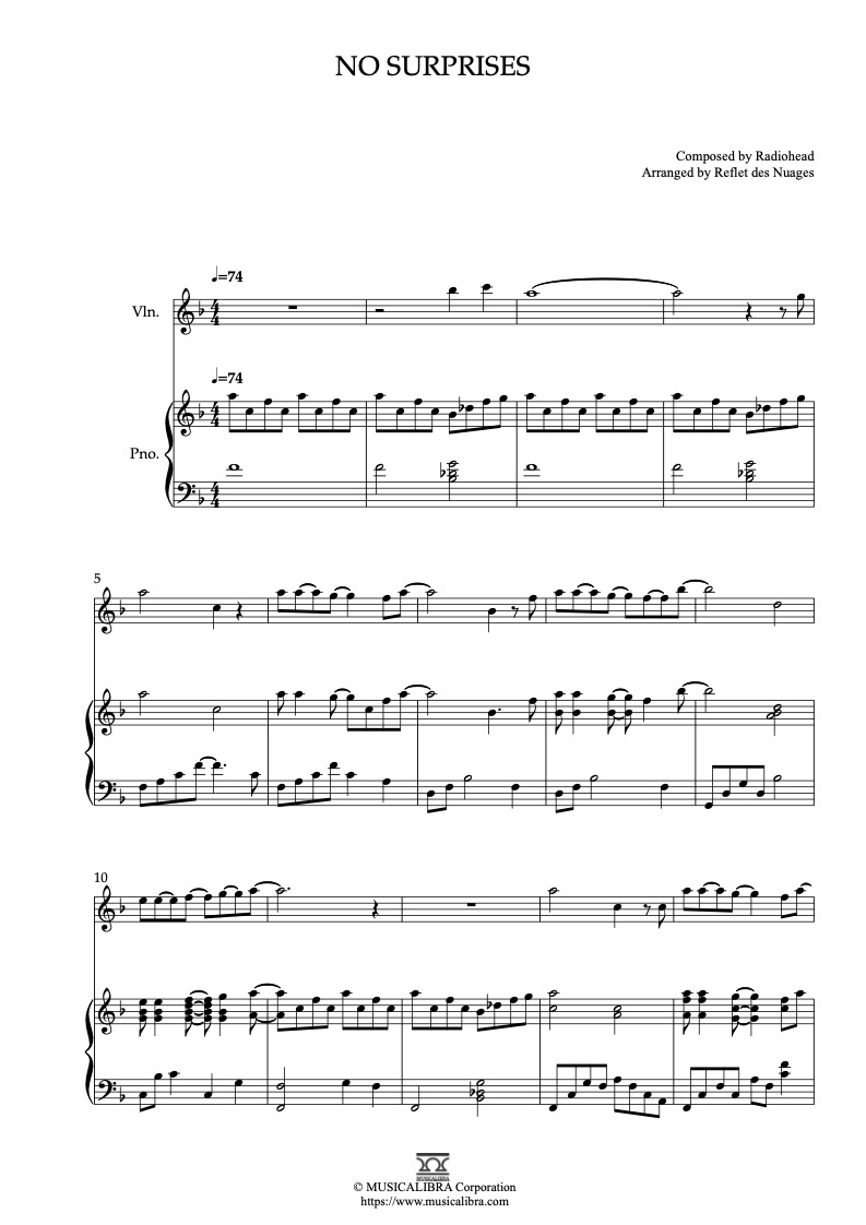 [DUET 악보] No Surprises 편곡 악보 - 바이올린, 피아노 실내악 앙상블 : Musicalibra Korea