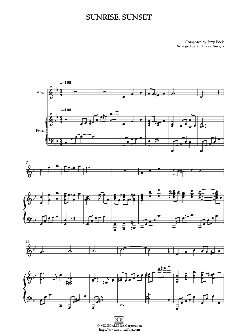 [DUET 악보] Sunrise, Sunset 편곡 악보 - 바이올린, 피아노 실내악 앙상블 : Musicalibra Korea