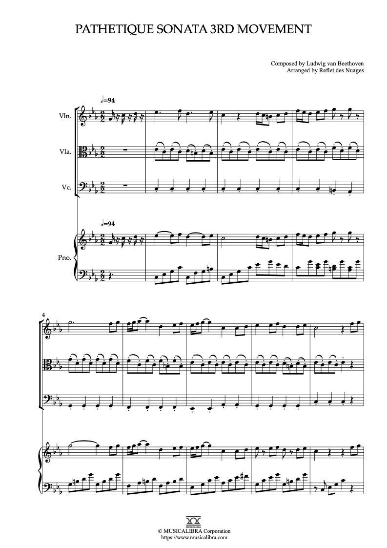 [QUARTET SHEET MUSIC] Beethoven Pathetique Sonata 3rd Movement - Violin, Viola, Cello and Piano ...