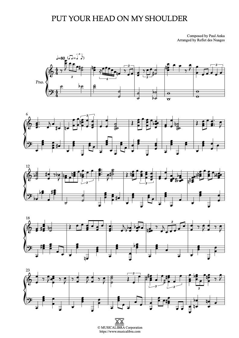 [PIANO SOLO 악보] Put Your Head on My Shoulder 피아노 편곡 악보 : MUSICALIBRA KOREA