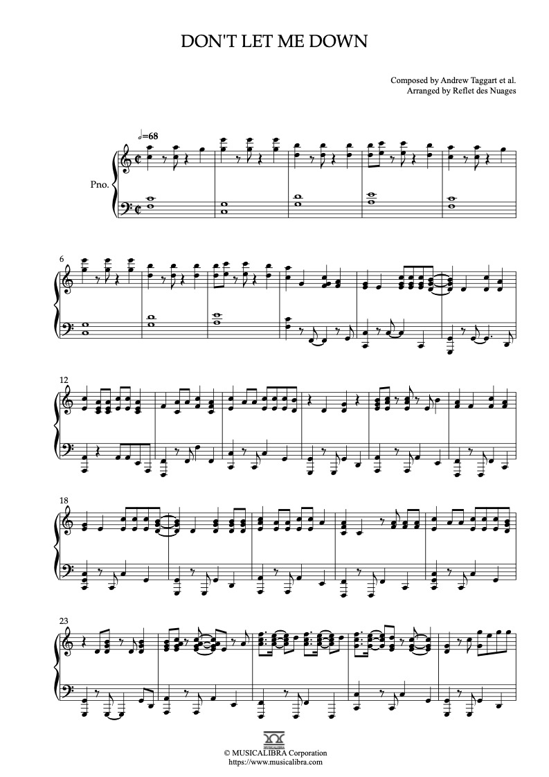 [PIANO SOLO 악보] Don't Let Me Down 피아노 편곡 악보 : Musicalibra Korea