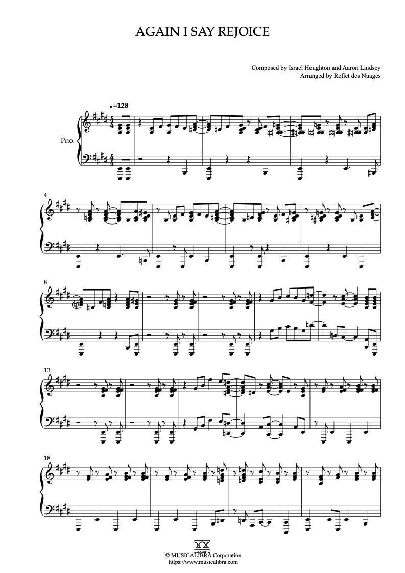 [PIANO SOLO 악보] Again I Say Rejoice 피아노 편곡 악보 : Musicalibra Korea